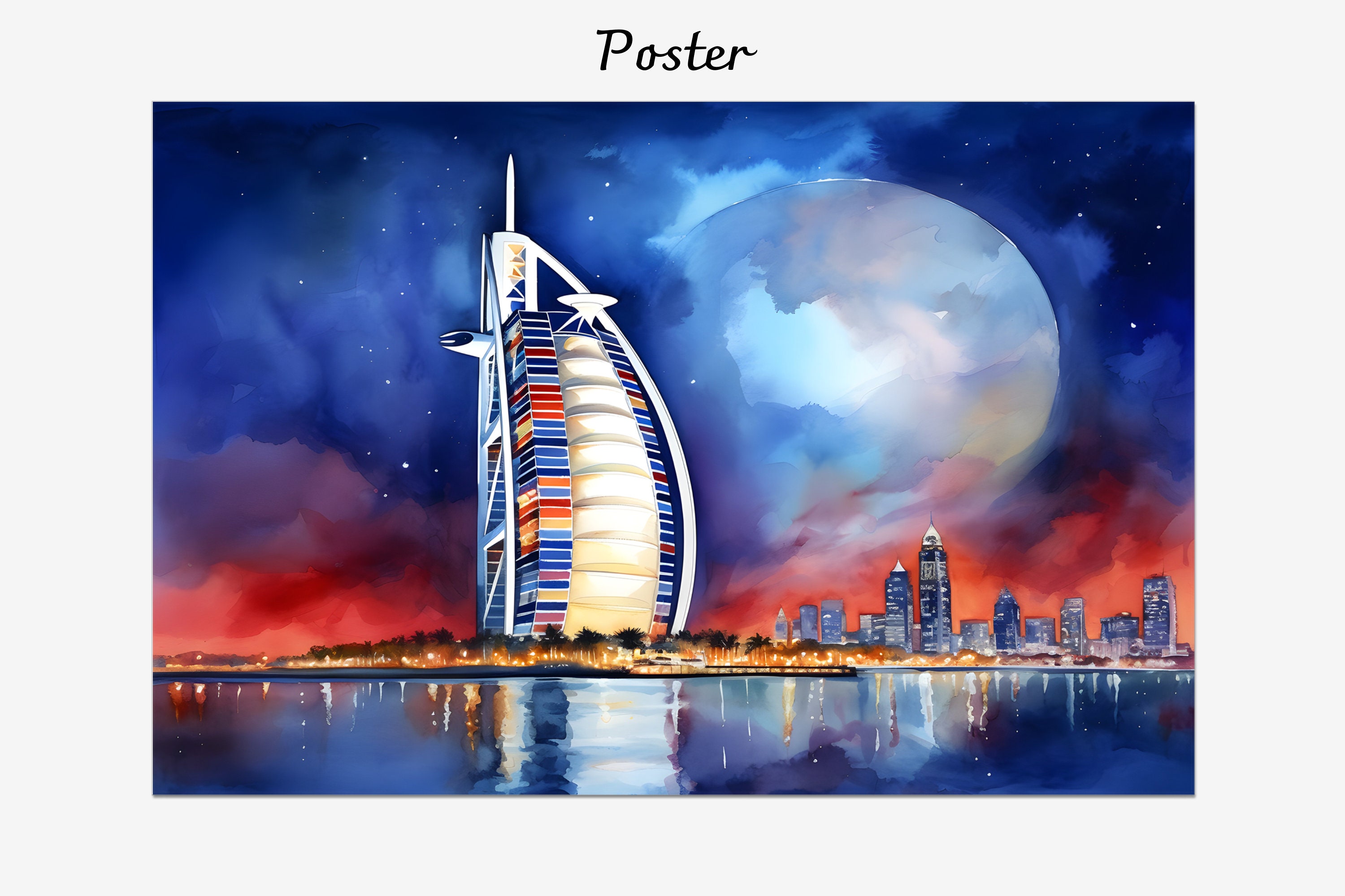 Dubai Burj Al Watercolor Painting, UAE Cityscape Framed Canvas, Dubai ...