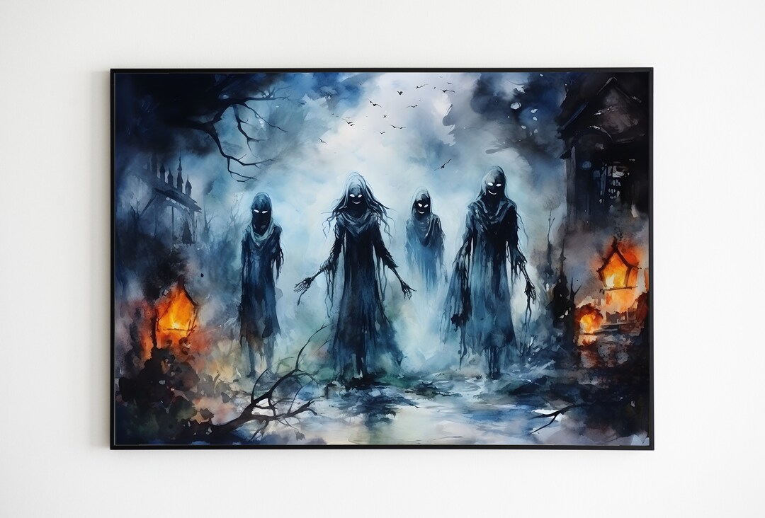 Four Demons in a Forest Watercolor Painting, Scary Evil Spirits Wall ...