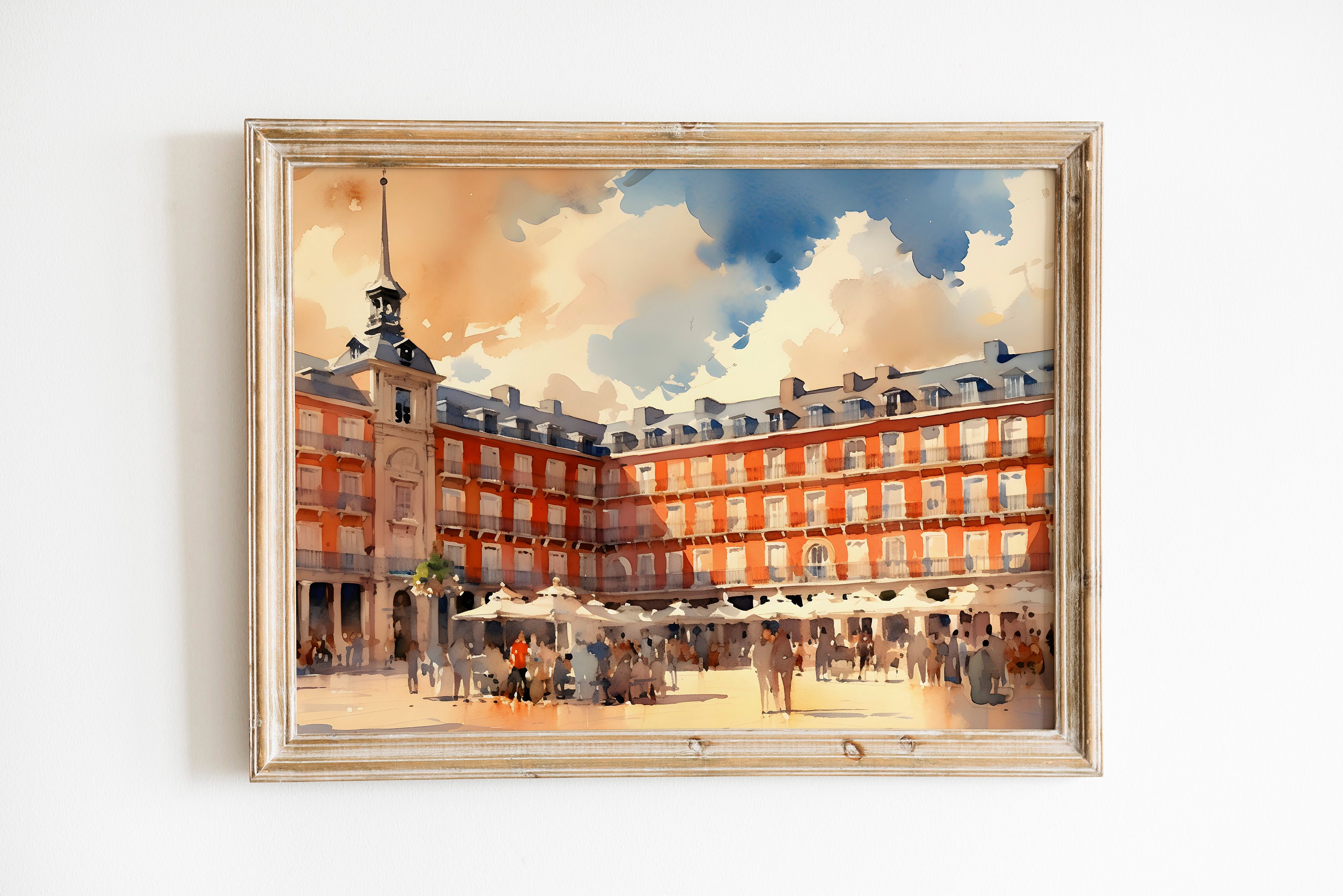 Plaza Mayor Madrid Watercolor Painting, Cityscape Printable Wall Decor ...