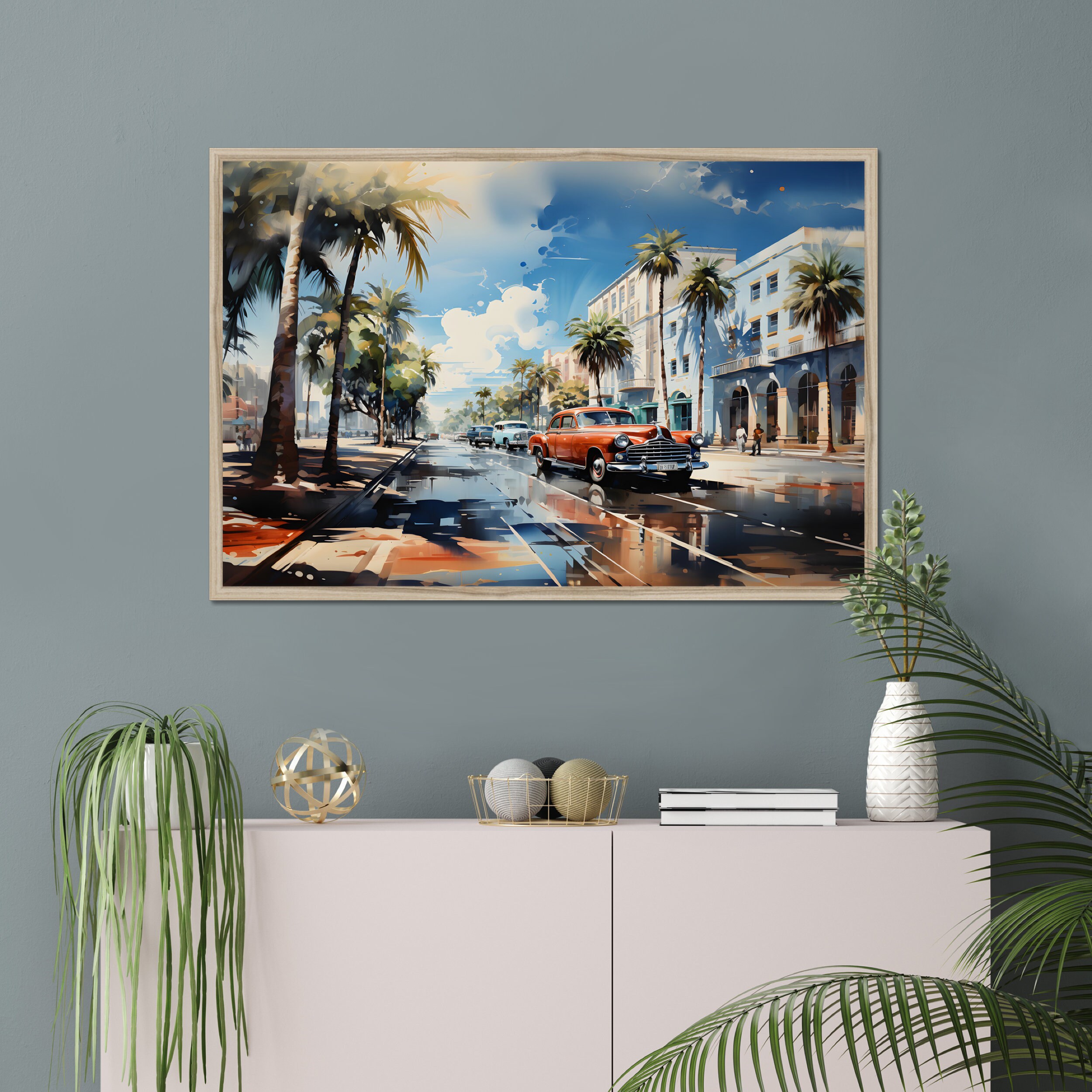 Miami Beach Watercolor Retro Painting, American City Framed Canvas ...