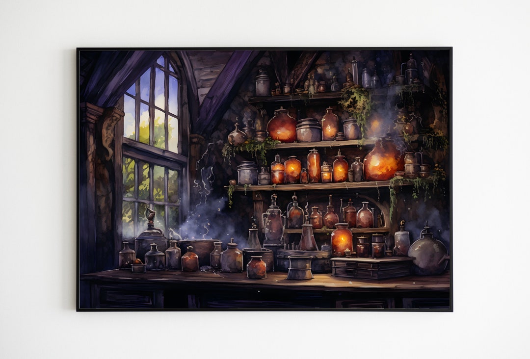 Halloween Potions Watercolor Painting, Horror Witches House Wall Art ...