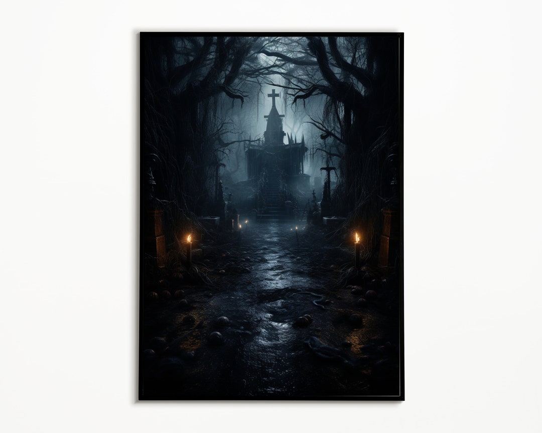 Halloween Tomb Painting, Horror Night Wall Art, Moonlight Foggy Forest ...