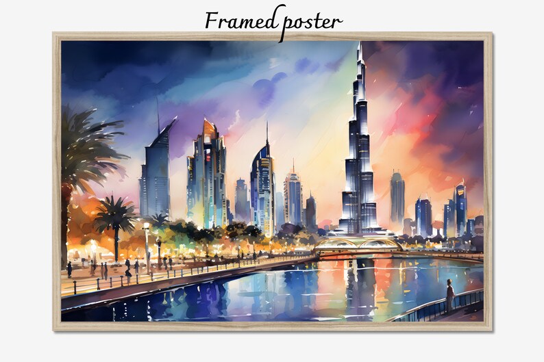 Dubai Burj Khalifa Watercolor Painting: UAE Sunset Cityscape Art - Etsy