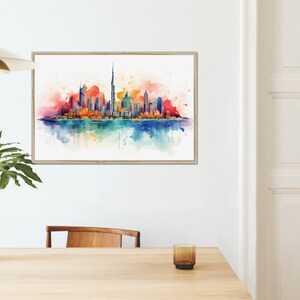 Watercolor Dubai Skyline Painting, UAE Cityscape Framed Canvas, Dubai ...