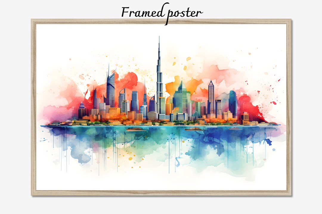 Watercolor Dubai Skyline Painting, UAE Cityscape Framed Canvas, Dubai ...
