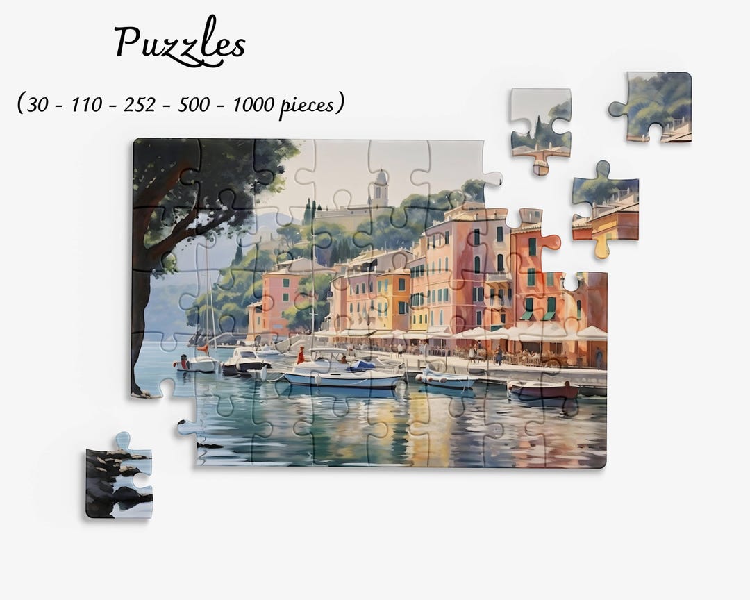 Portofino Jigsaw Puzzle Watercolor Painting, Italian Liguria Cityscape ...