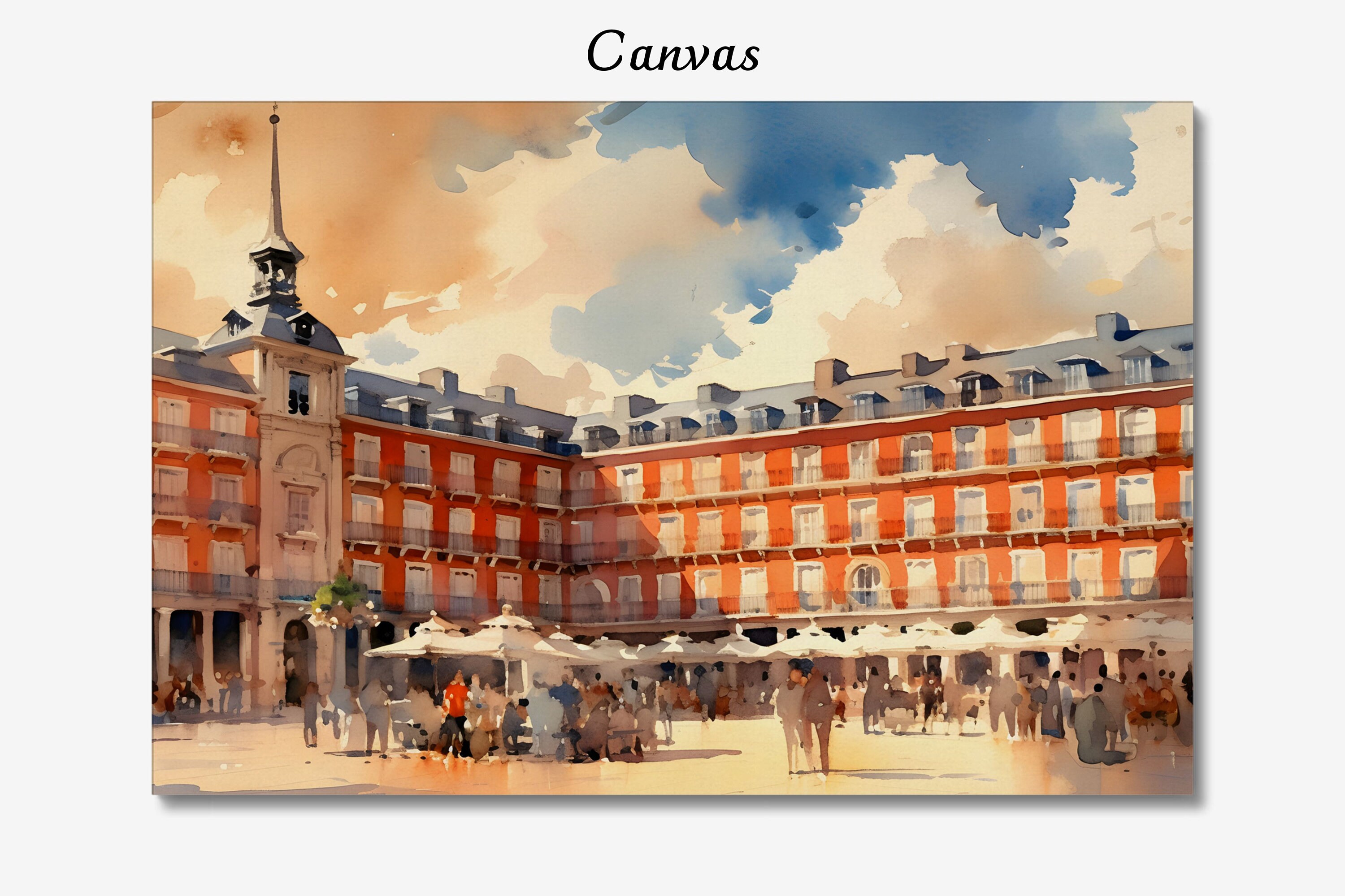 Plaza Mayor Madrid Watercolor Painting, Spanish Cityscape Framed Canvas ...
