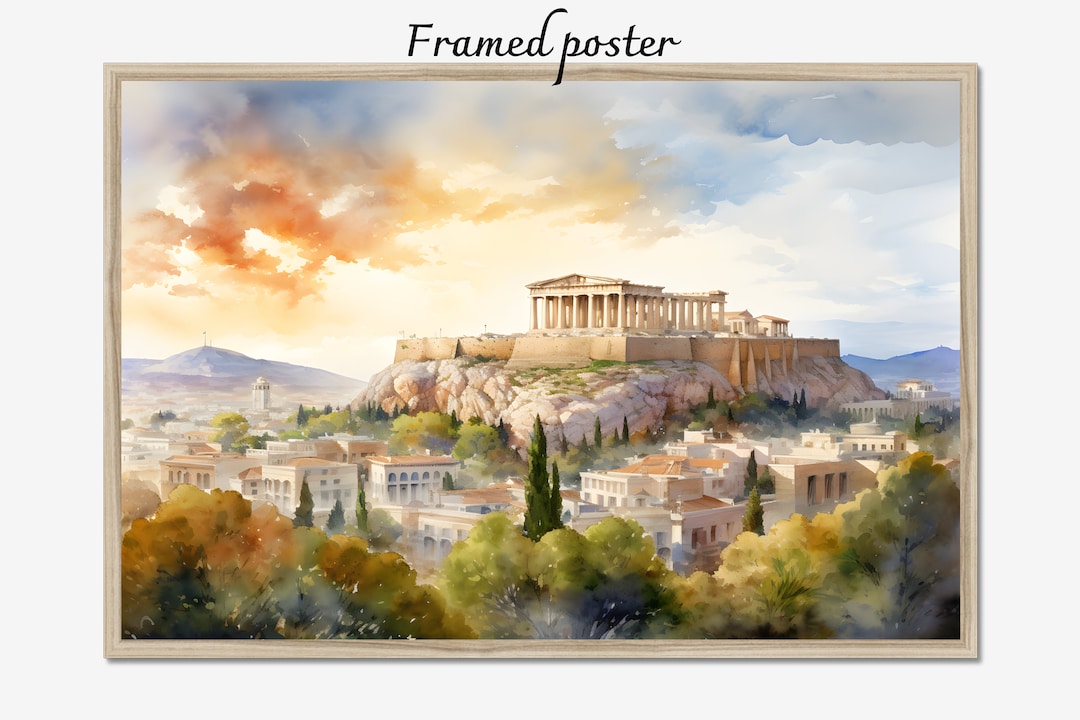 Watercolor Athens Acropolis Painting, Greek Cityscape Framed Canvas ...