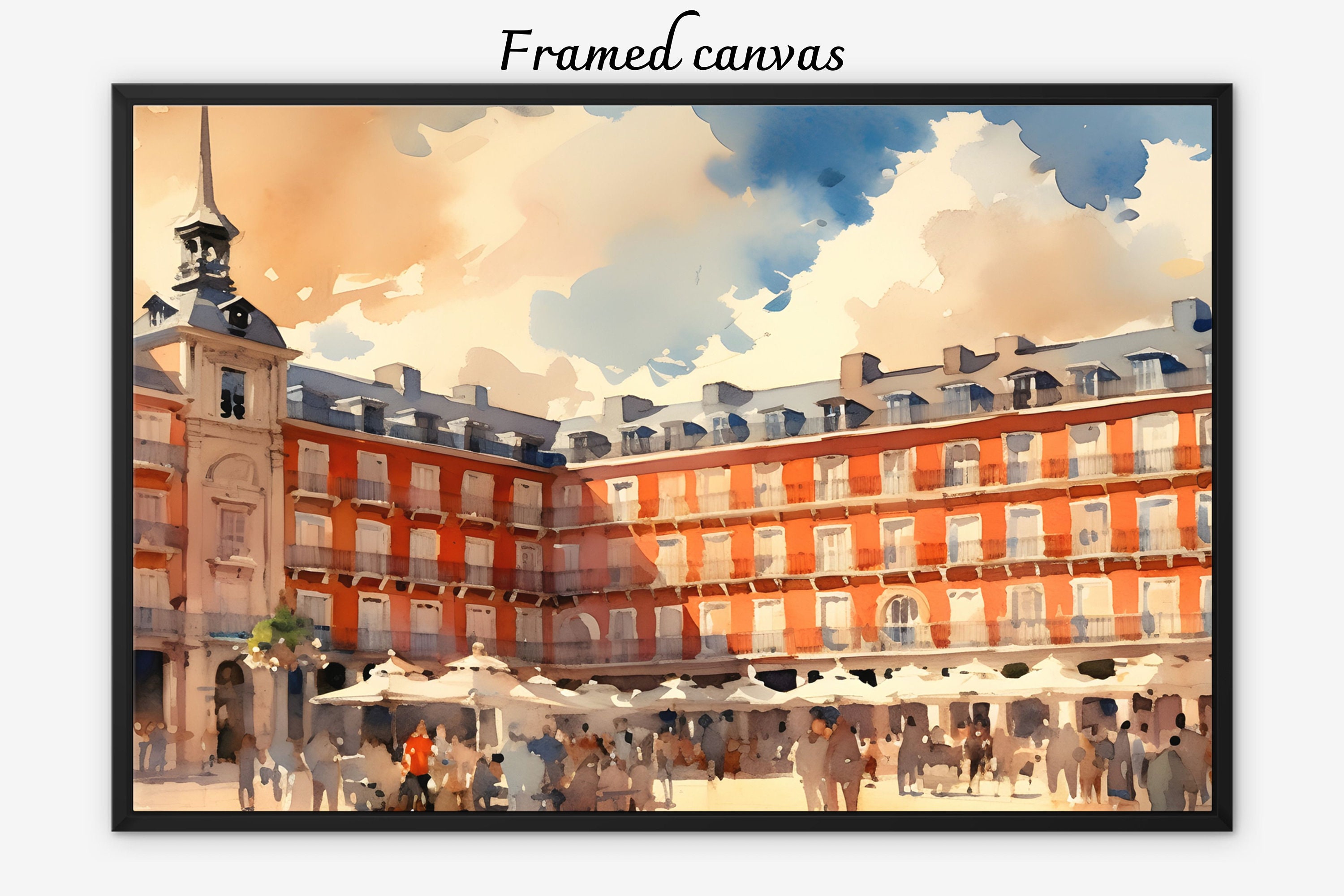 Plaza Mayor Madrid Watercolor Painting, Spanish Cityscape Framed Canvas ...
