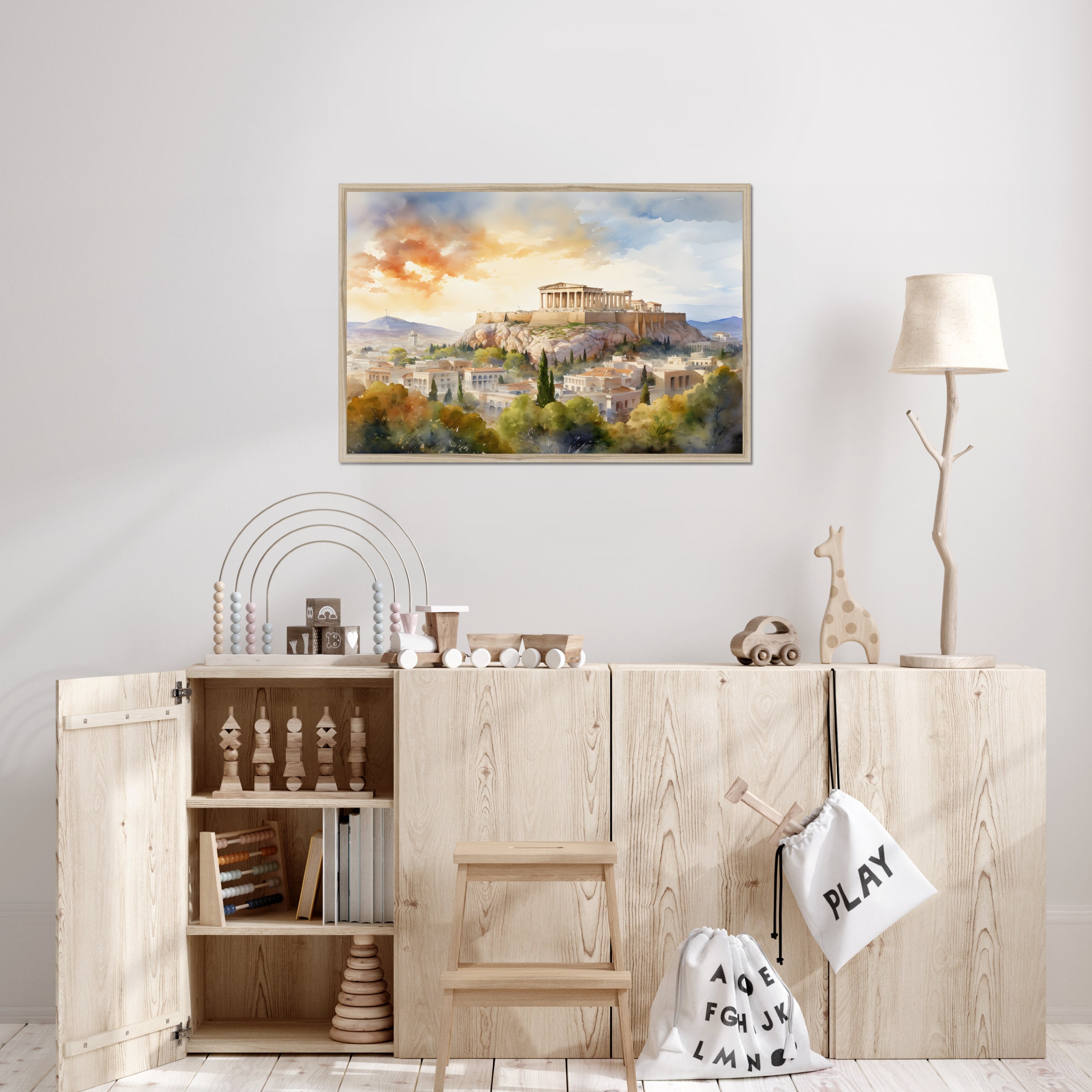 Watercolor Athens Acropolis Painting, Greek Cityscape Framed Canvas ...