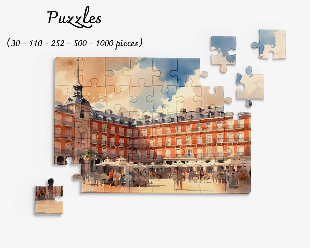Plaza Mayor Madrid Jigsaw Puzzle Watercolor Painting, Spanish Cityscape ...