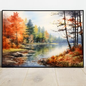 Autumn River Watercolor Painting, Fall Lake Wall Decor Art, Nature ...