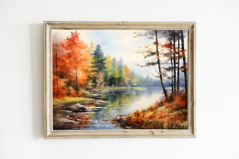 Autumn River Watercolor Painting, Fall Lake Wall Decor Art, Nature ...