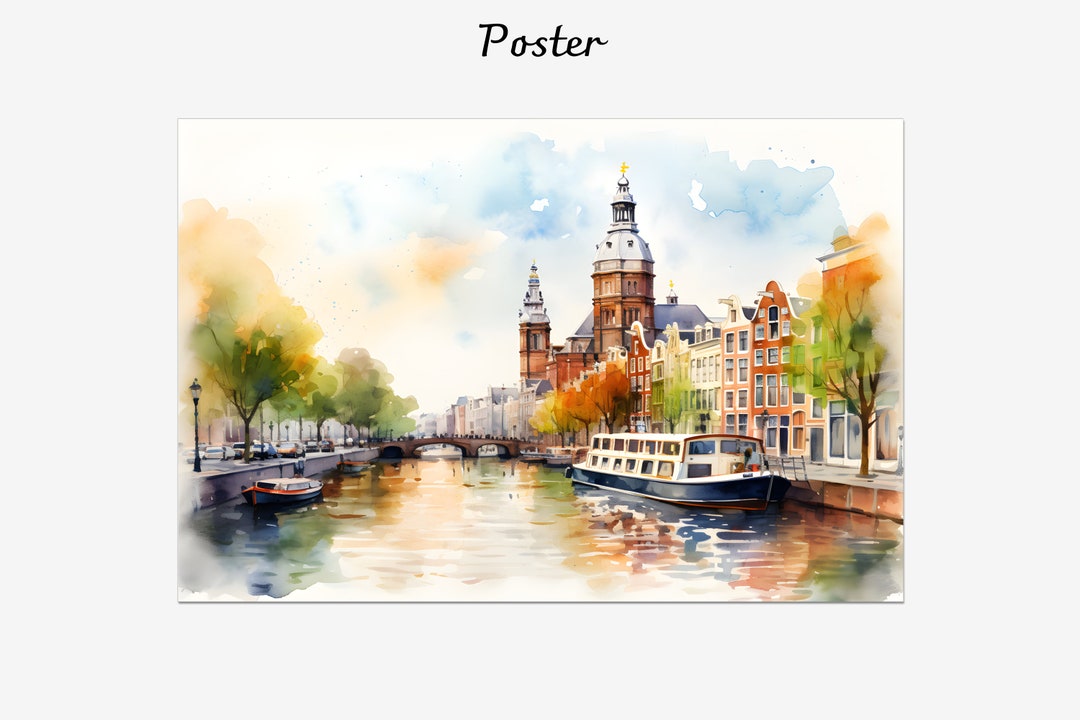 Watercolor Amsterdam Canals Painting, Netherlands Cityscape Framed ...