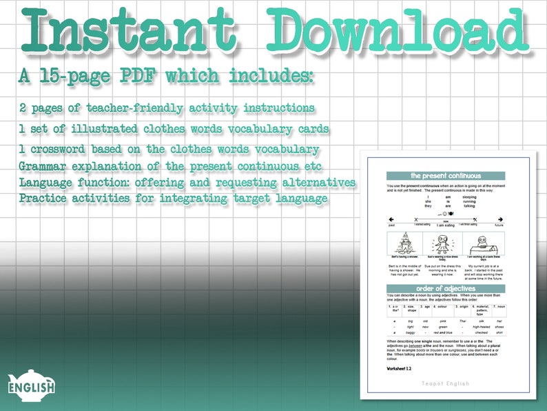 ESL Downloadable Printable Vocabulary Lesson - Clothes, Present ...