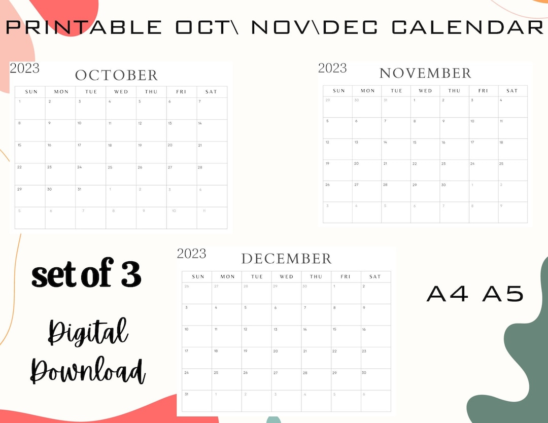 October November December 2023 Calendar Autumn 2023 Printable - Etsy