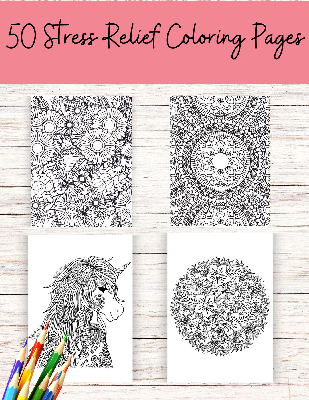 50 Coloring Pages for Stress Relief and Relaxation Printable Self Care ...