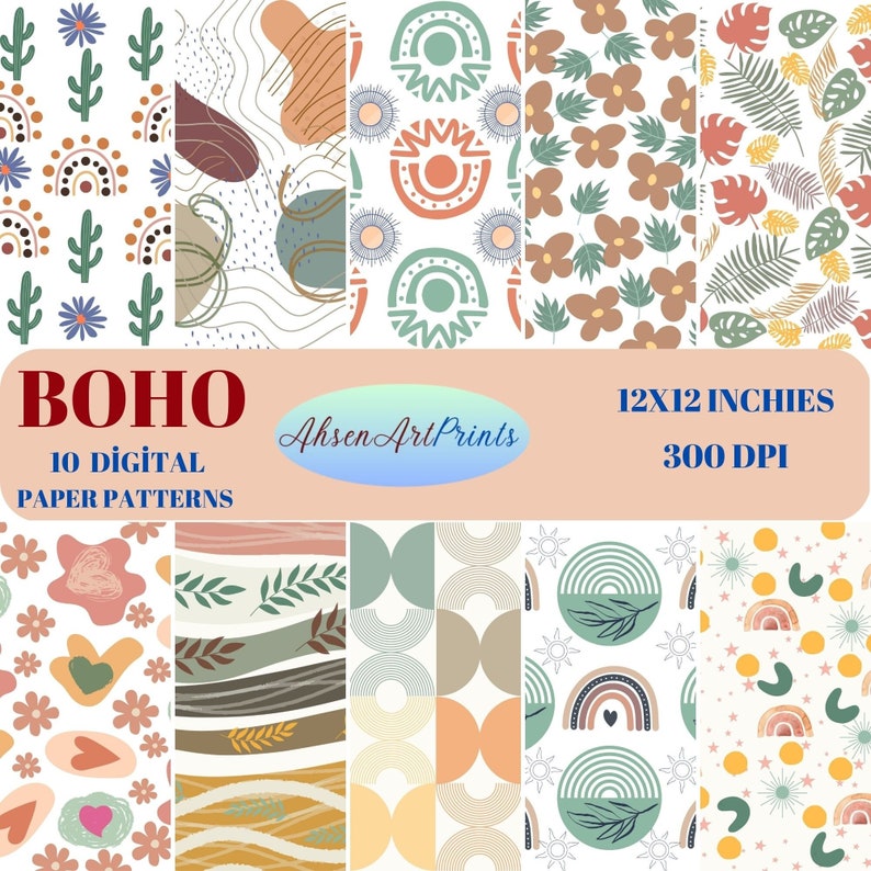 10 Boho Digital Papers, Boho Scrapbook Paper, Boho Backgrounds, İnstant ...
