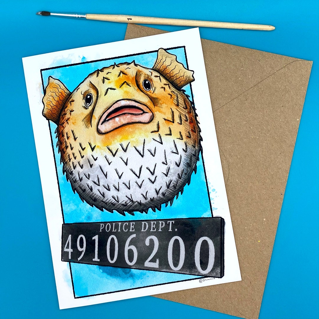 Puffer Fish Mugshot Greetings Card, Funny Cards, Illustration ...