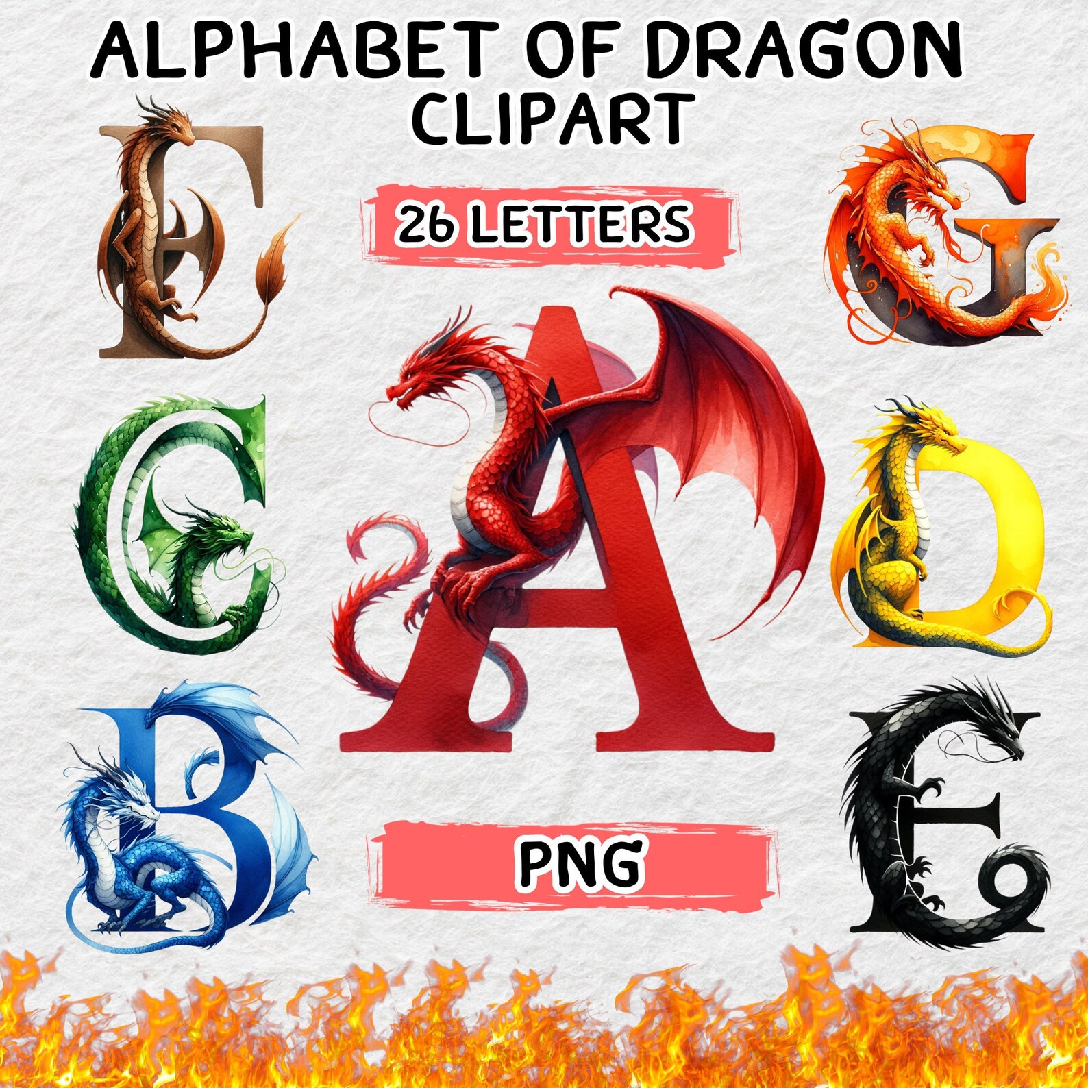 Alphabet of Dragon Watercolor Digital PNG 26 Letters Cliparts - Etsy