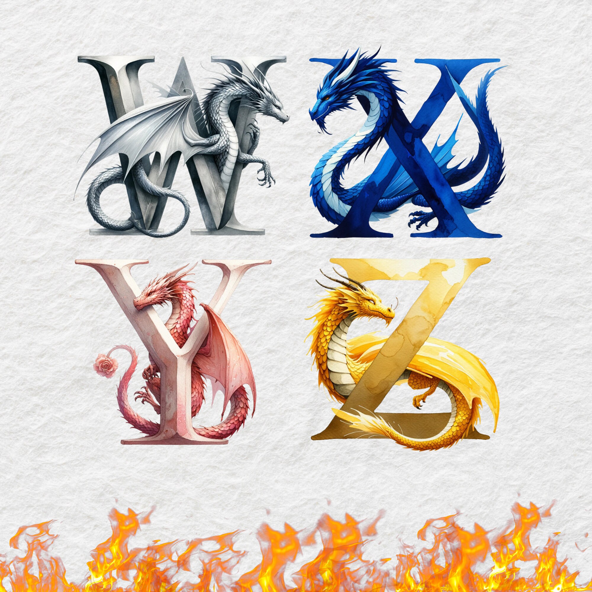 Alphabet of Dragon Watercolor Digital PNG 26 Letters Cliparts - Etsy