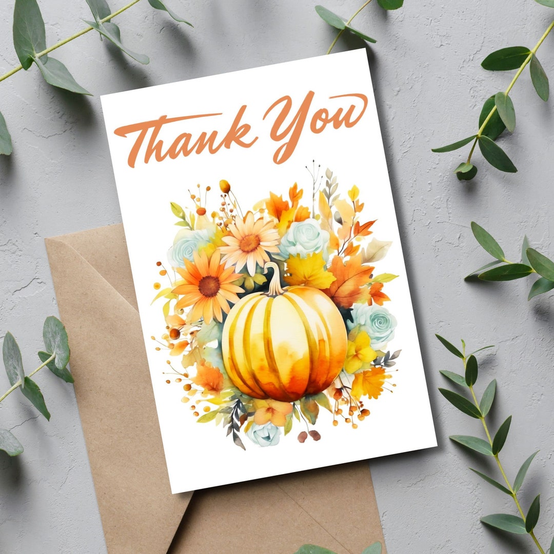 Fall Thank You Card Pumpkin With Flowers Fall Scene Blank Inside Autumn ...
