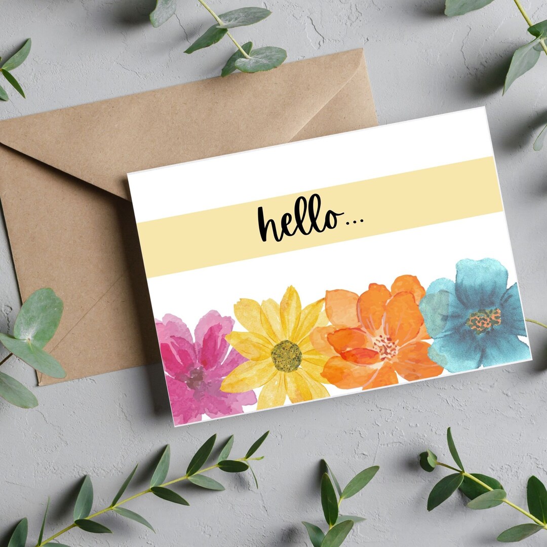 Printable Hello Card 4"x6" Card With Flowers Blank Inside Watercolor ...