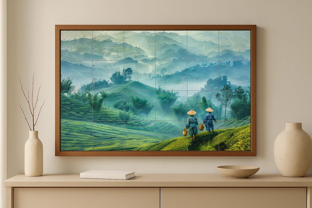 Terraced Field Mural • Southeast Green Tile Wall Art • Misty Hill Decor ...