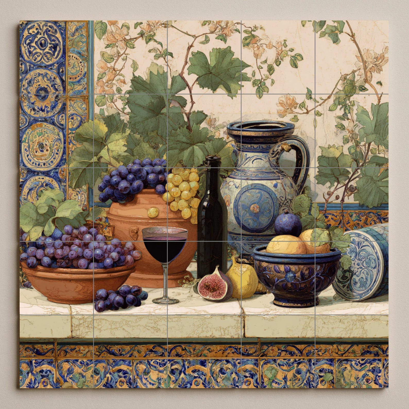 Mediterranean Vineyard Tile Mural | Spanish Still Life Decor | Ceramic ...