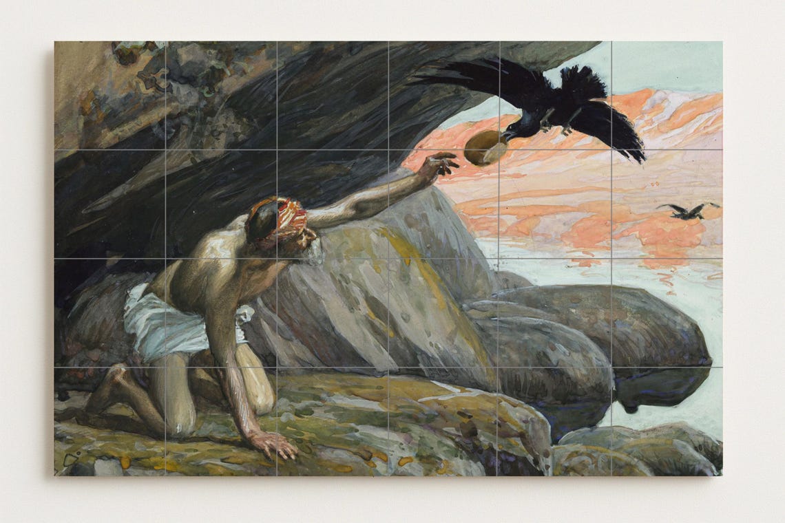 Elijah Raven Mural • Desert Prophet Tile Wall Art • Biblical Survival ...