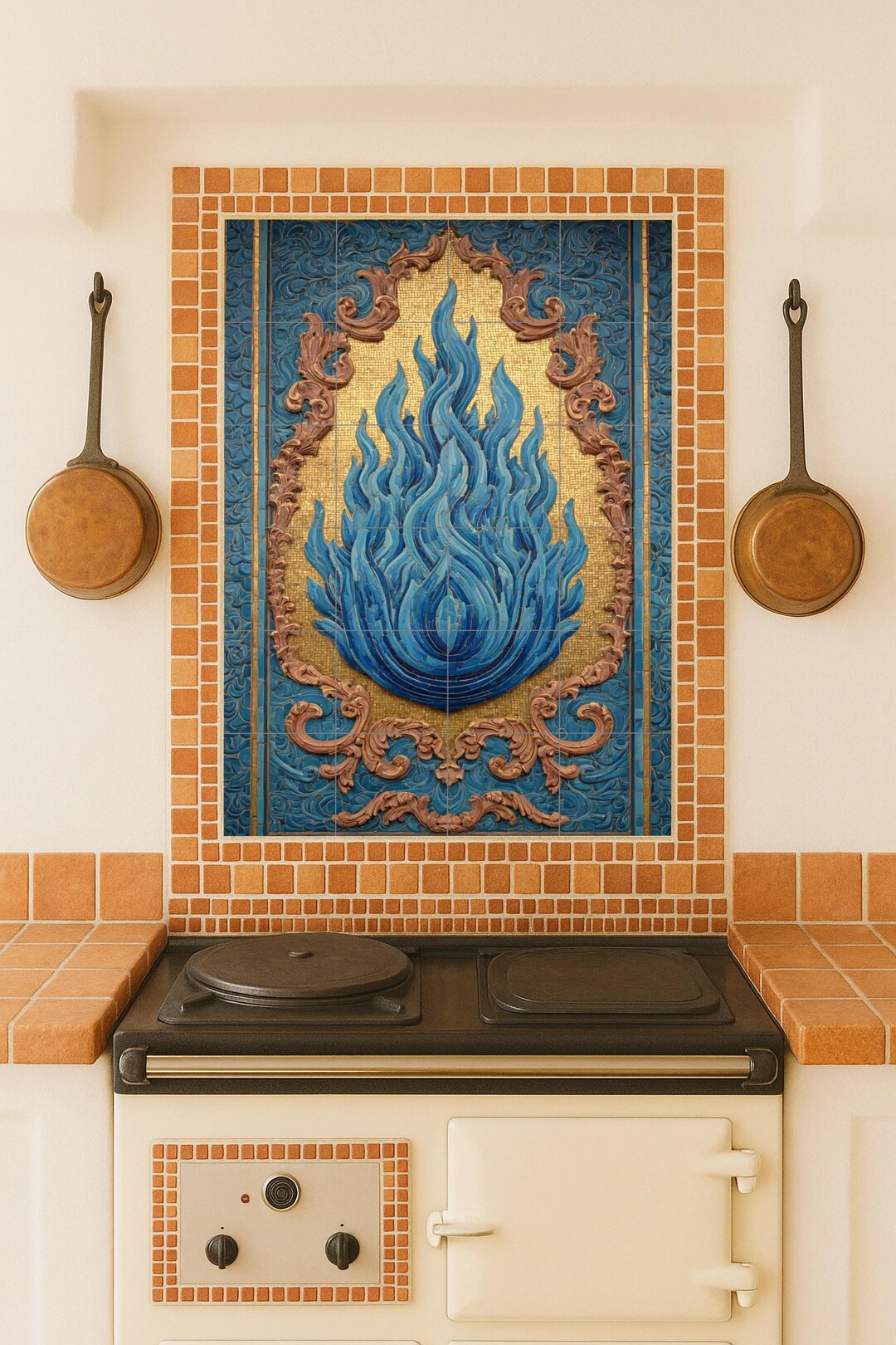 Blue Flame on Golden Mosaic – Striking Ceramic Mural of Sacred Fire ...