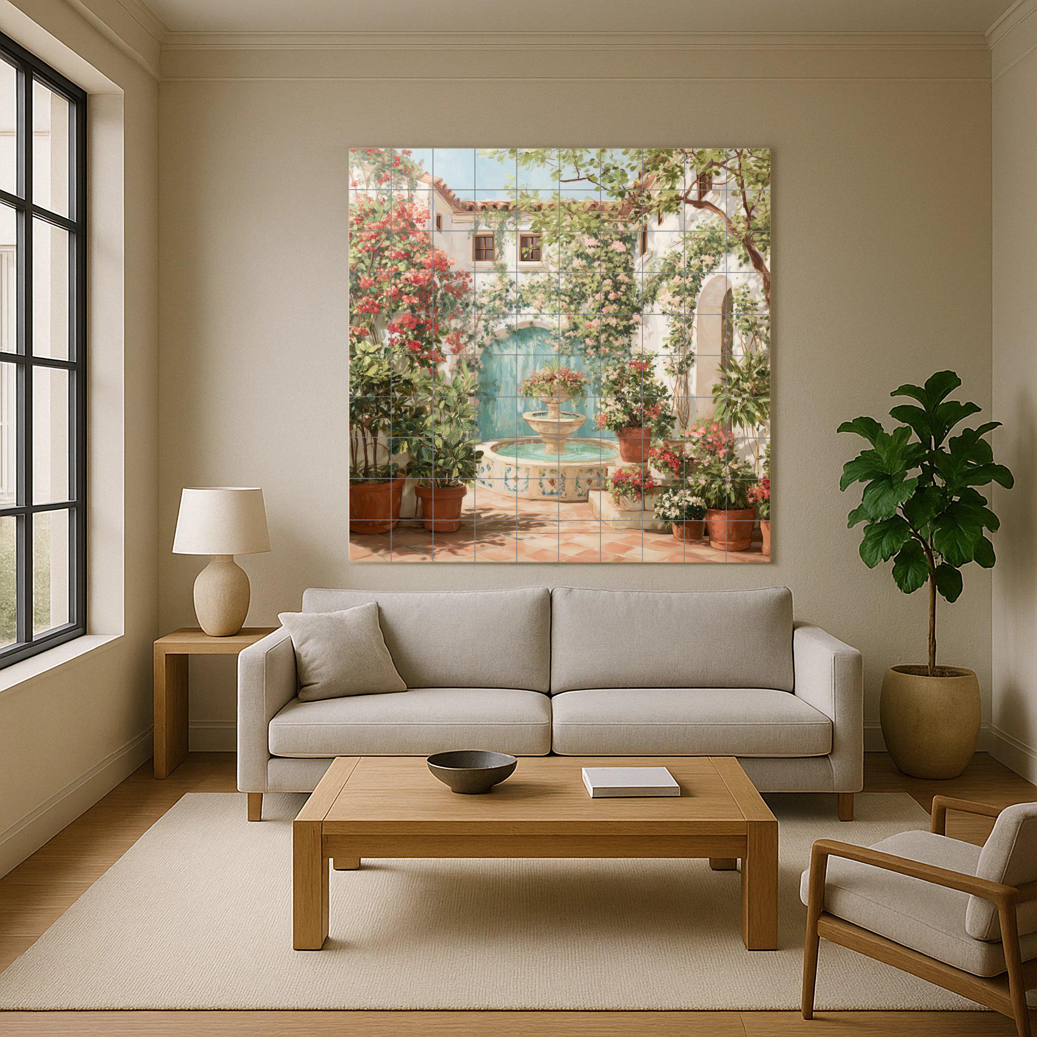 Spanish Courtyard Tile Mural | Mediterranean Patio Decor | Floral Wall ...