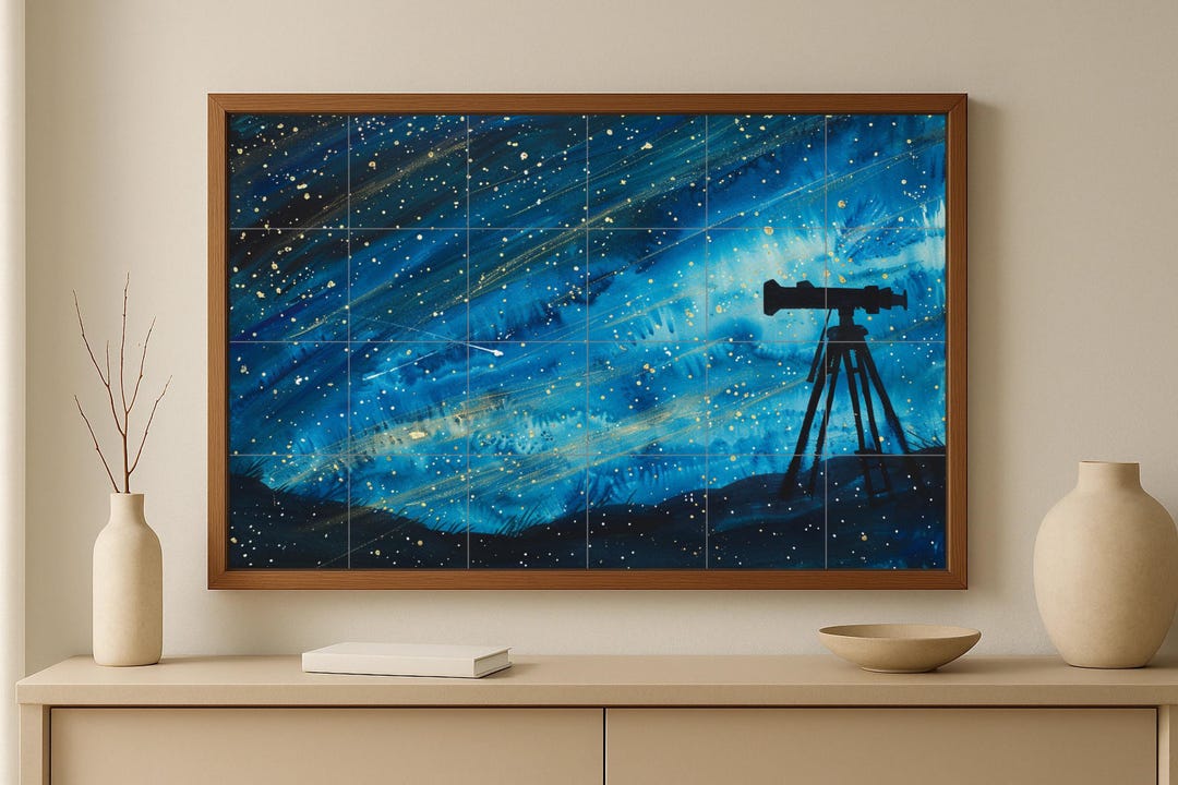 Stargazing Night Mural • Telescope Sky Tile Wall Art • Celestial ...
