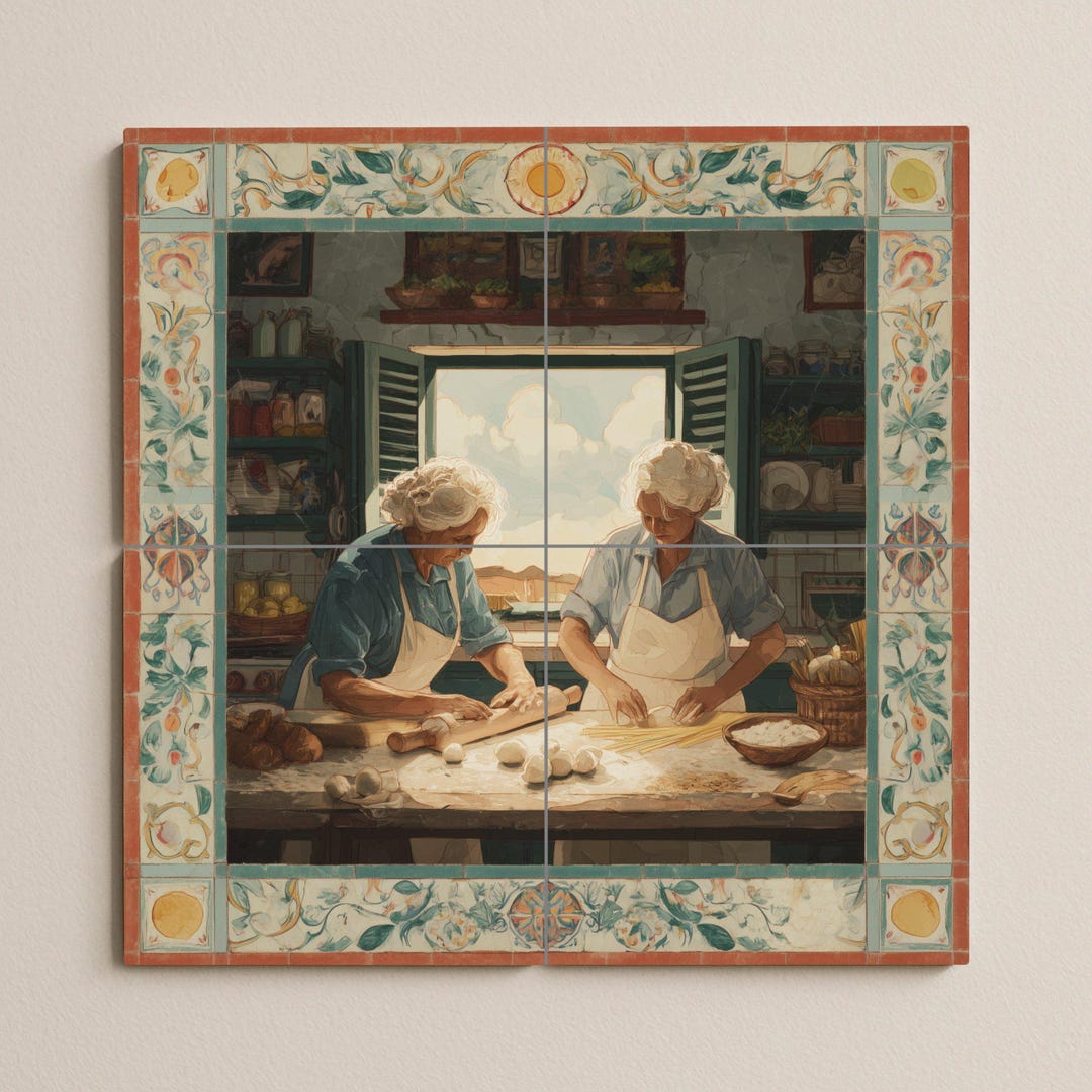 Italian Nonnas Making Pasta – Heritage Kitchen Tile Mural – Rustic ...