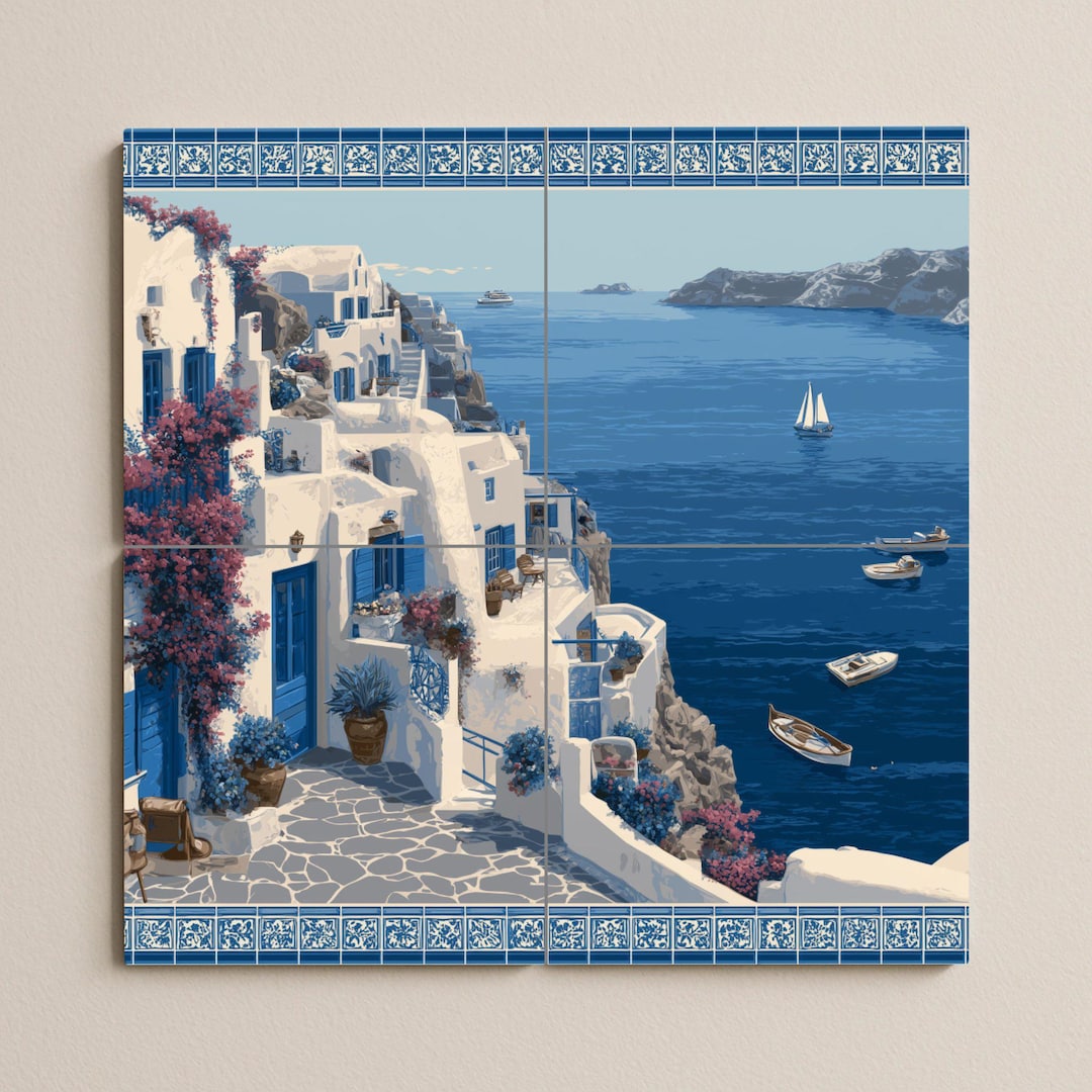 Santorini Coastal Mural | Greek Island Wall Art | Mediterranean Decor ...
