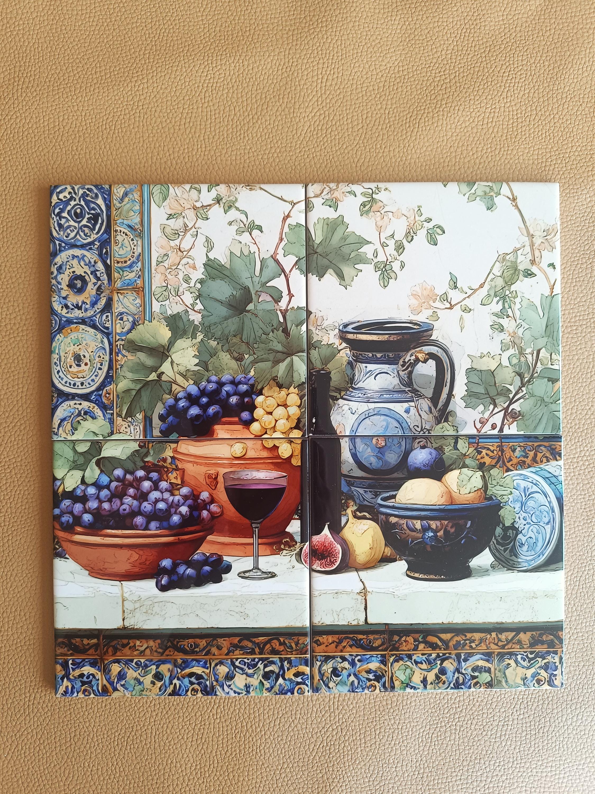 Mediterranean Vineyard Tile Mural | Spanish Still Life Decor | Ceramic ...