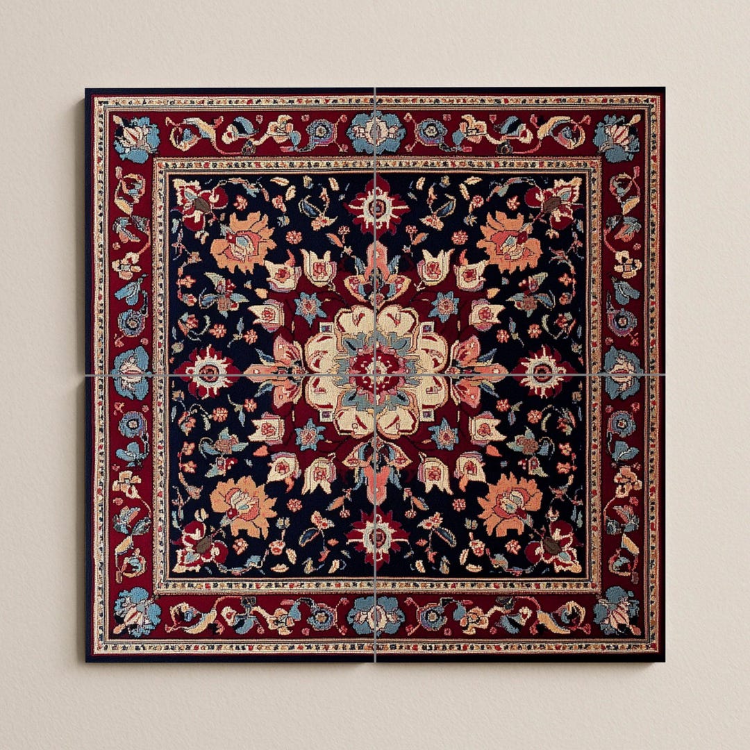 Lebanese Beirut Ceramic Mural With Floral Medallion, Deep Indigo and ...