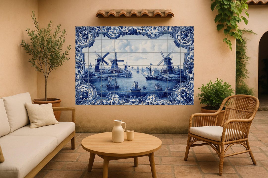 Delft Blue Tile Mural • Elegant Windmill and Boat Wall Art ...