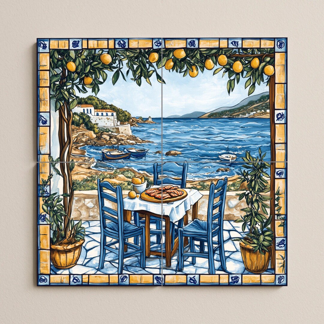 Greek Island Tavern Ceramic Tile Mural With Blue Chairs, Lemon Trees ...