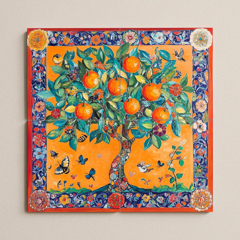 Mediterranean Orange Tree Ceramic Tile Mural Wall Art | Colorful ...