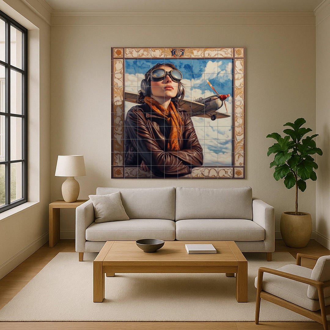 Aviation Ceramic Mural – Vintage Pilot Portrait With Airplane and Sky ...