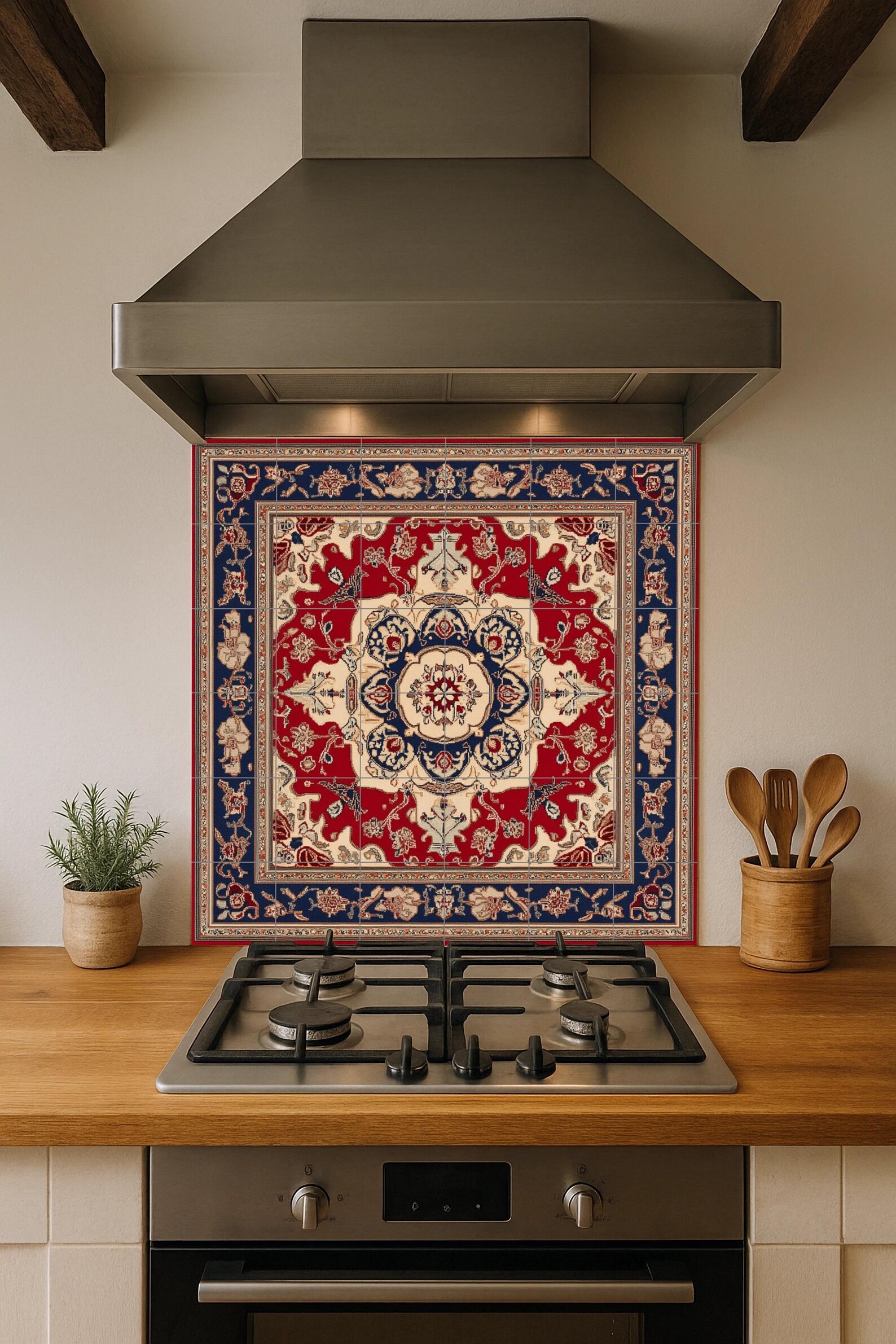 Azerbaijani Carpet Ceramic Mural With Ornamental Medallion, Deep Red ...