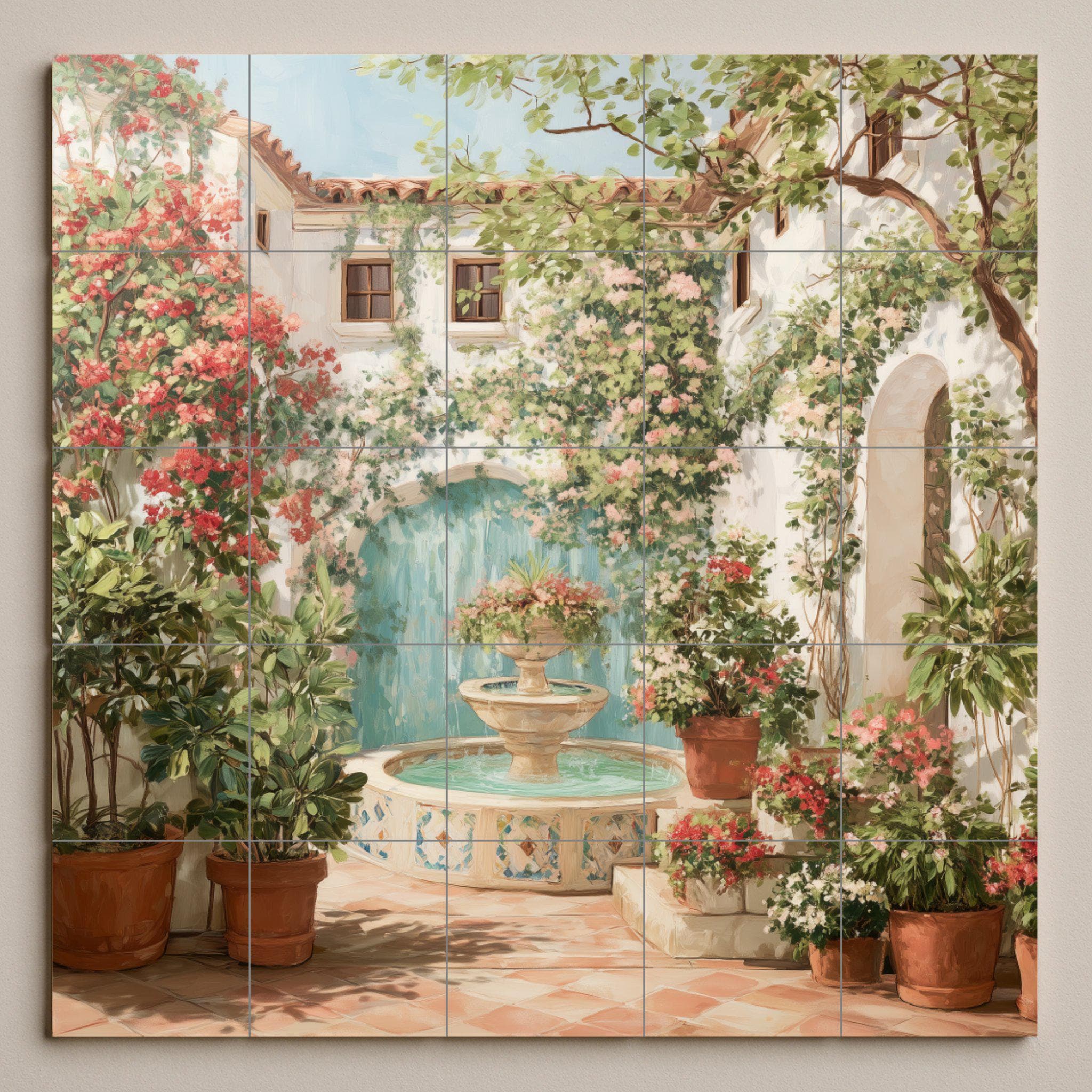 Spanish Courtyard Tile Mural | Mediterranean Patio Decor | Floral Wall ...