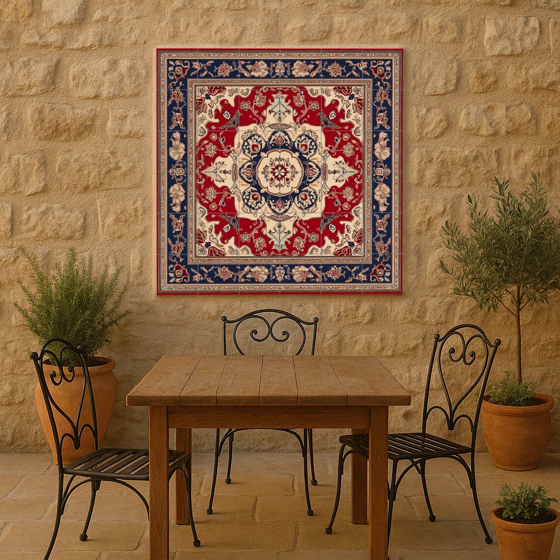Azerbaijani Carpet Ceramic Mural With Ornamental Medallion, Deep Red ...