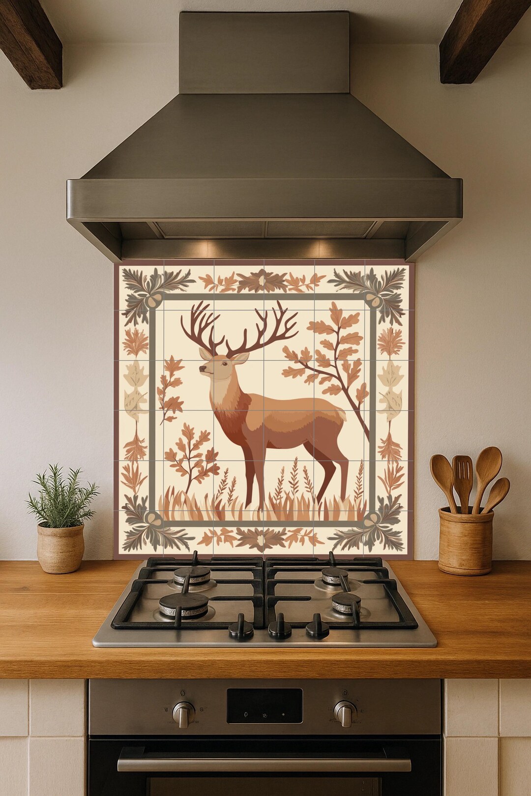 Ceramic Mural of Stag in Forest Frame – Rustic Woodland Tile Artwork ...