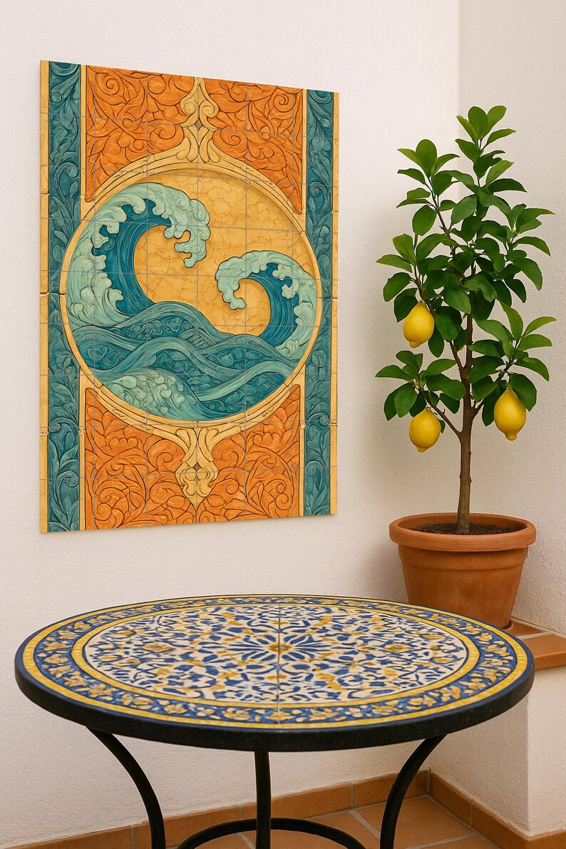 Ocean Harmony Ceramic Mural – Art Nouveau Wave Design, Decorative Wall ...