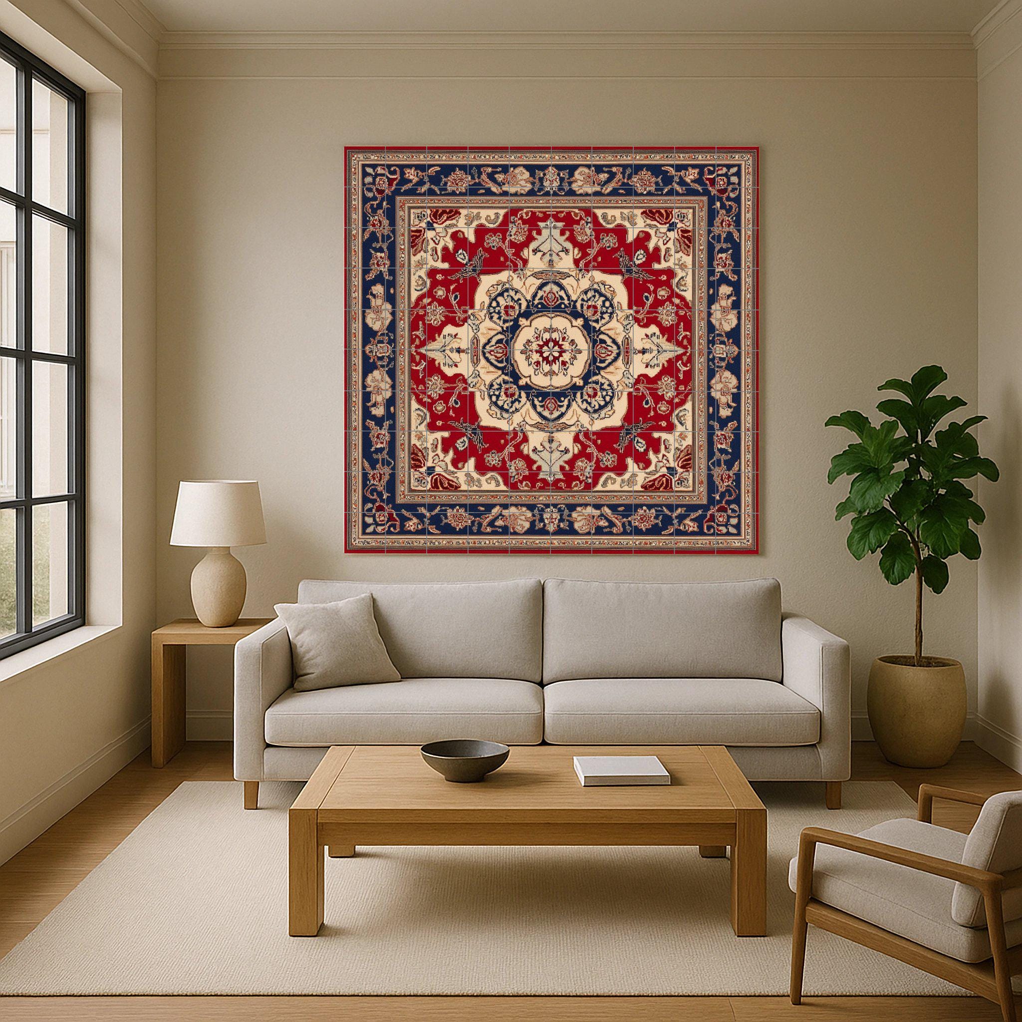 Azerbaijani Carpet Ceramic Mural With Ornamental Medallion, Deep Red ...