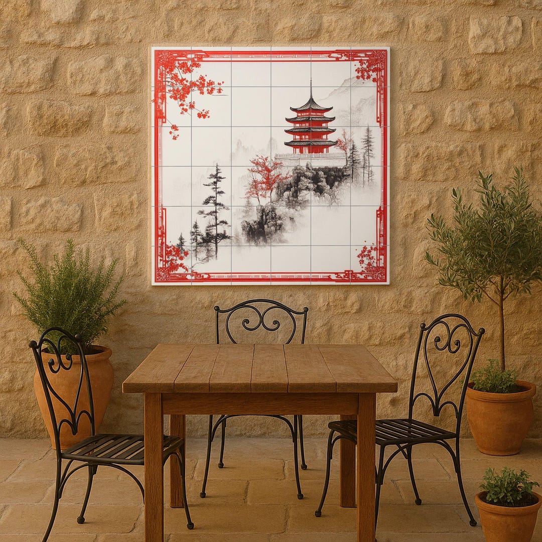 Red Pagoda Ceramic Mural – Scenic Mountain Tile Artwork With Misty ...