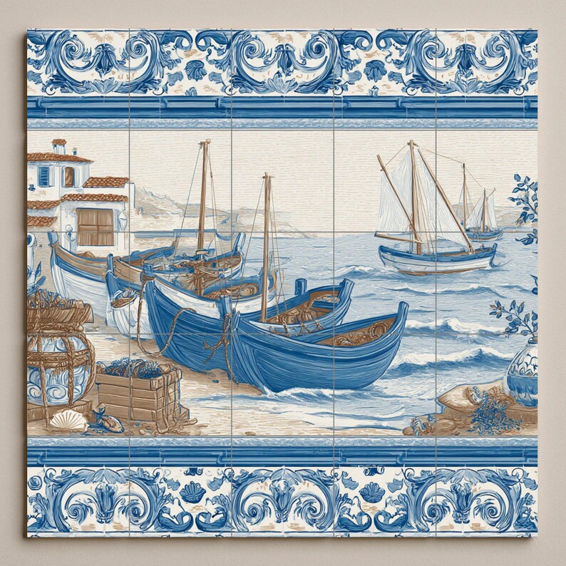 Mediterranean Fishing Boats Tile Mural | Coastal Wall Art | Blue ...