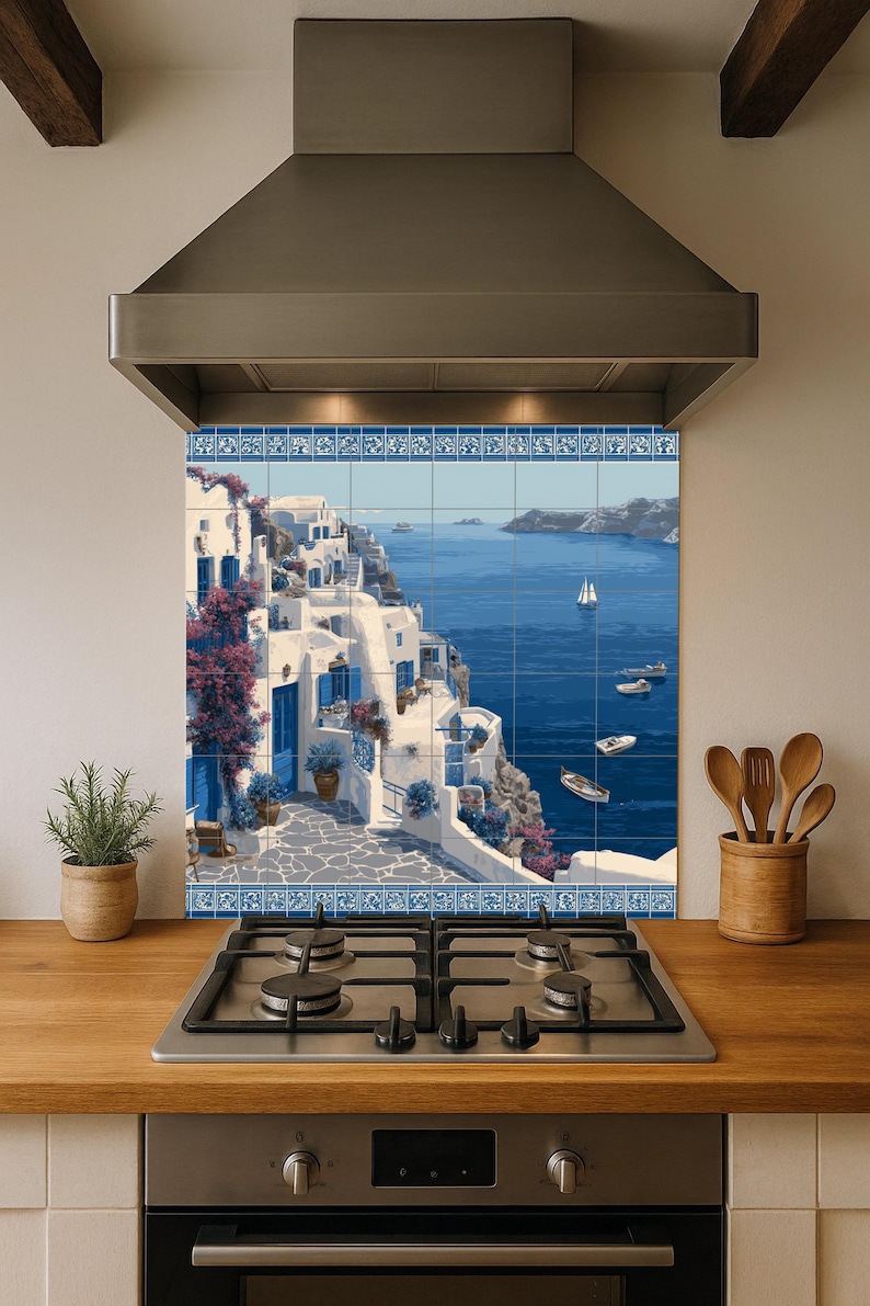Santorini Coastal Mural | Greek Island Wall Art | Mediterranean Decor ...